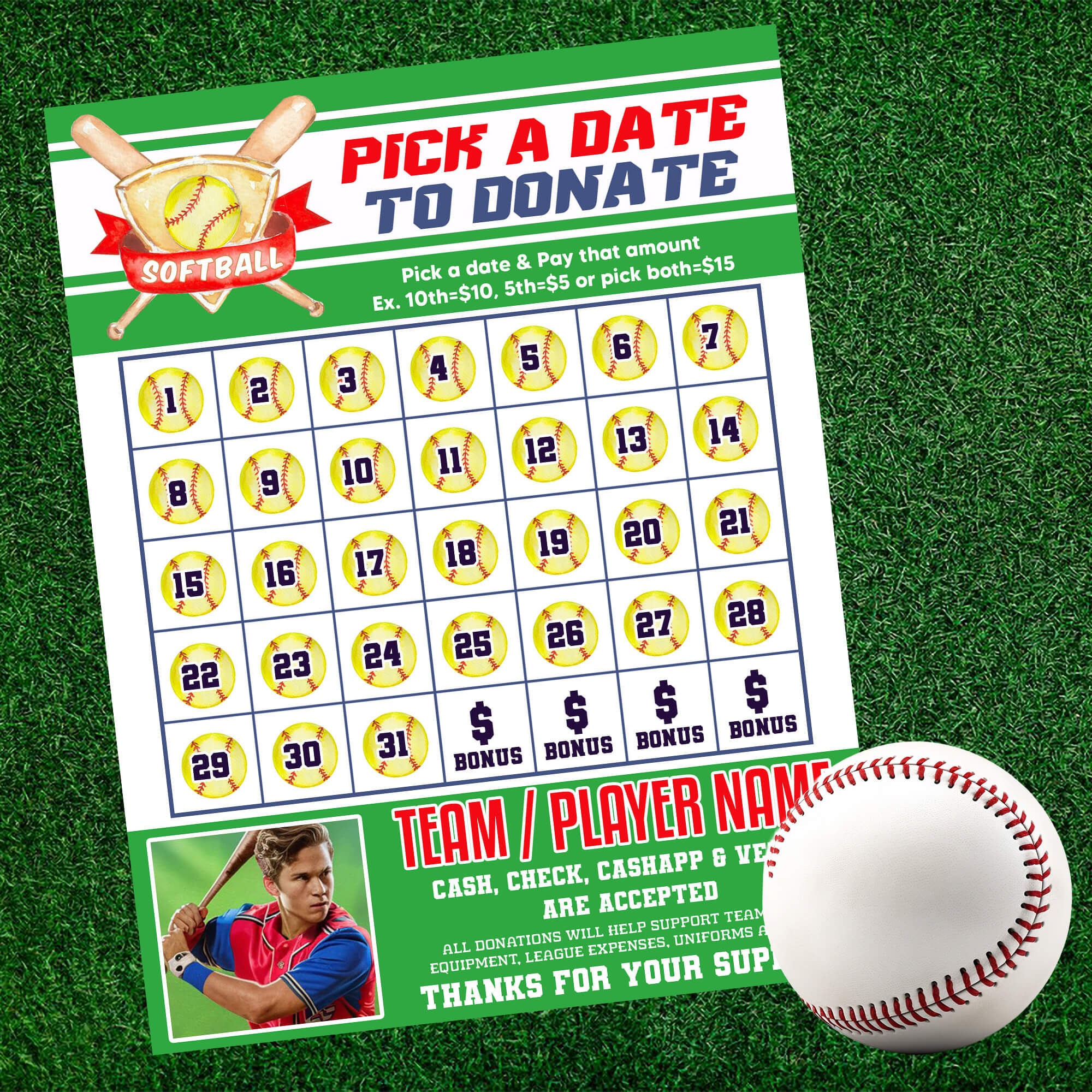 Editable Softball Pick a Date to Donate, Sports Fundraising Calendar ...