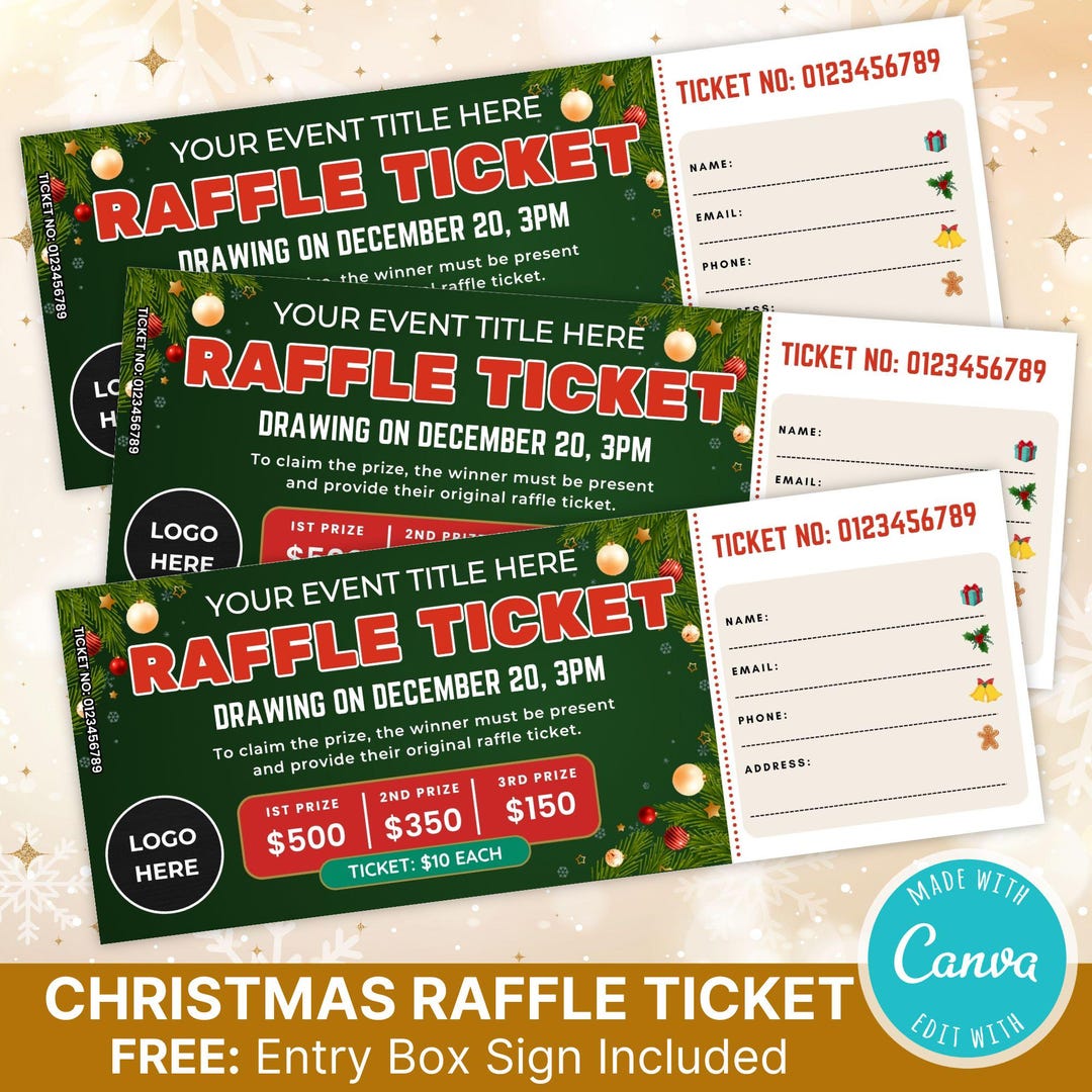 Editable Christmas Raffle Ticket Template: Xmas, Holiday and Fundraiser ...