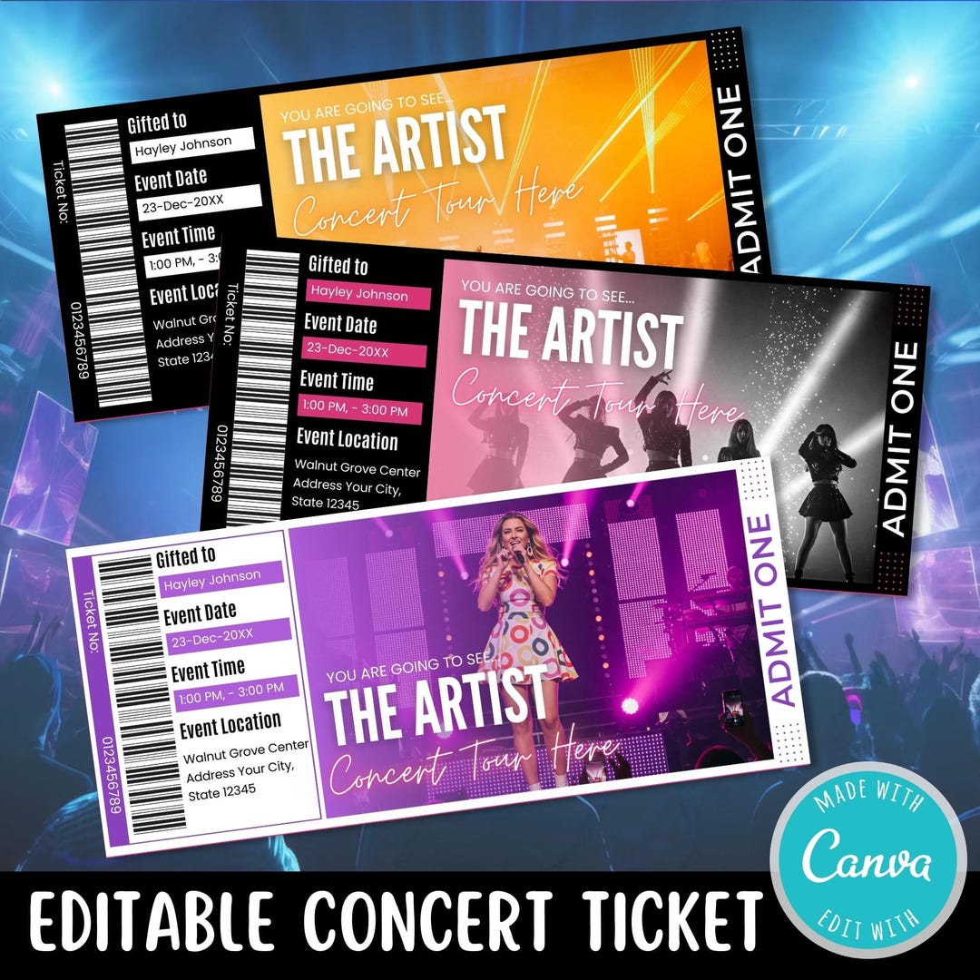 Concert Ticket Template | Editable Concert Ticket Gift | Custom Event ...