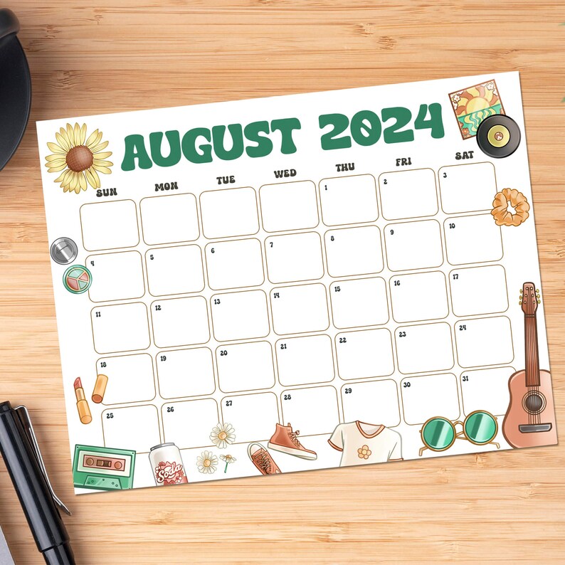 PDF Vintage Summer Vibe August 2024 Calendar, Printable Retro Nostalgic ...