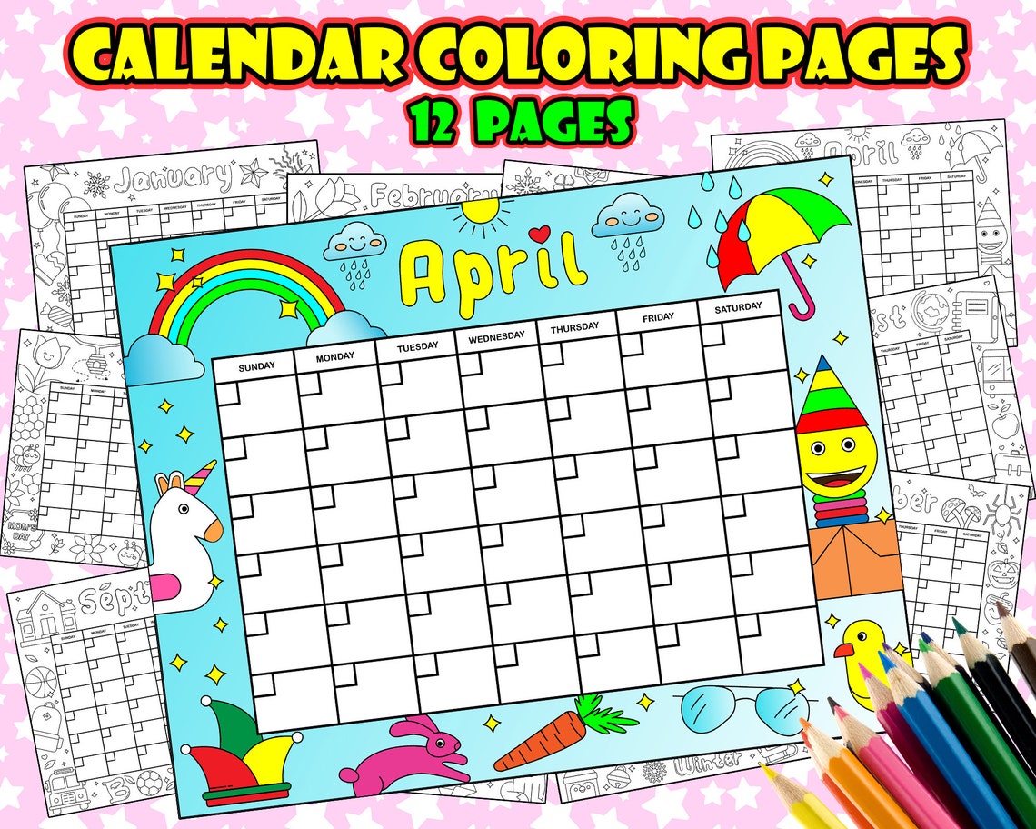 12 Months Kids Coloring Perpetual Calendar, Kawaii Coloring Calendar ...