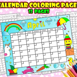 12 Months Kids Coloring Perpetual Calendar, Kawaii Coloring Calendar ...
