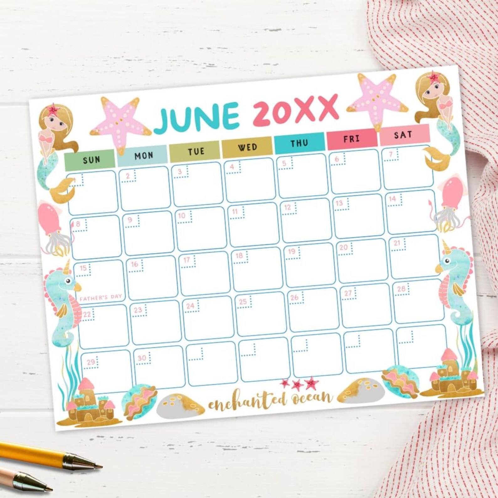 Editable Enchanted Ocean June Calendar | Mermaid Planner Template ...