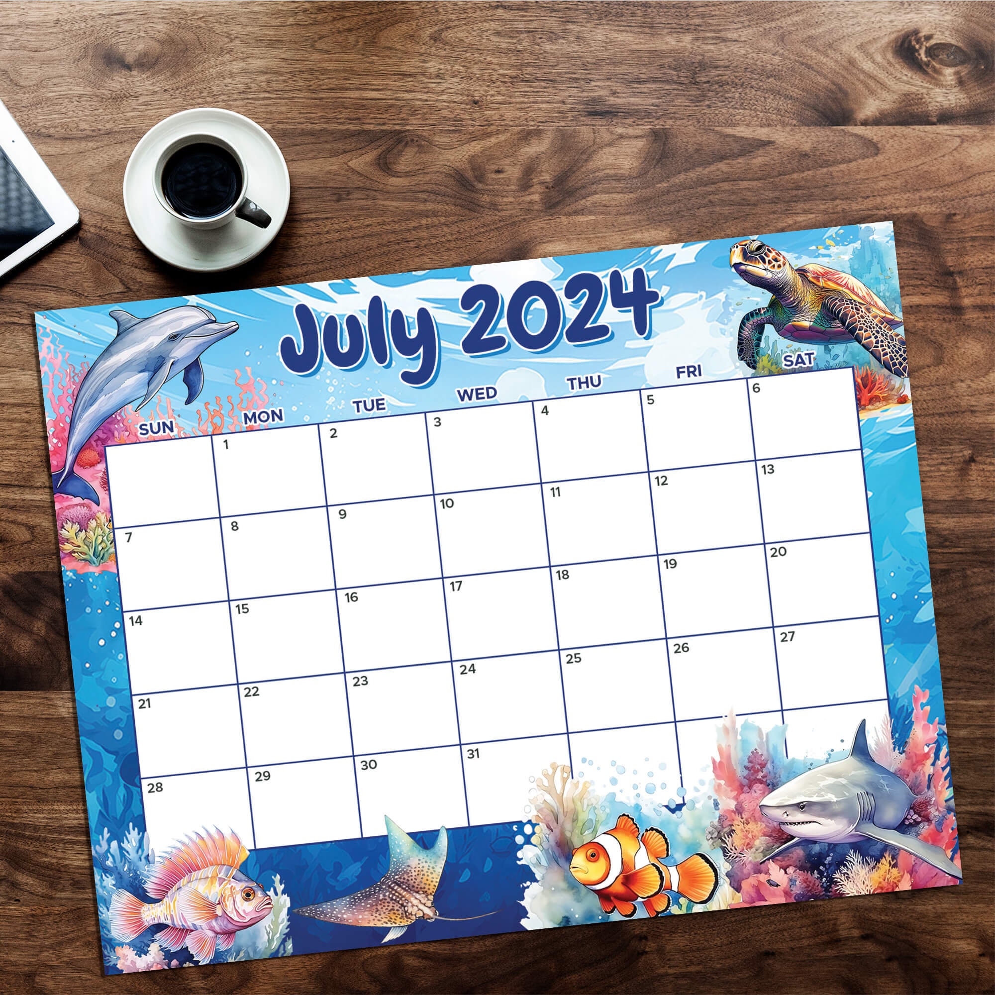 Printable Summer Underwater Themed July 2024 Calendar, Under the Sea ...