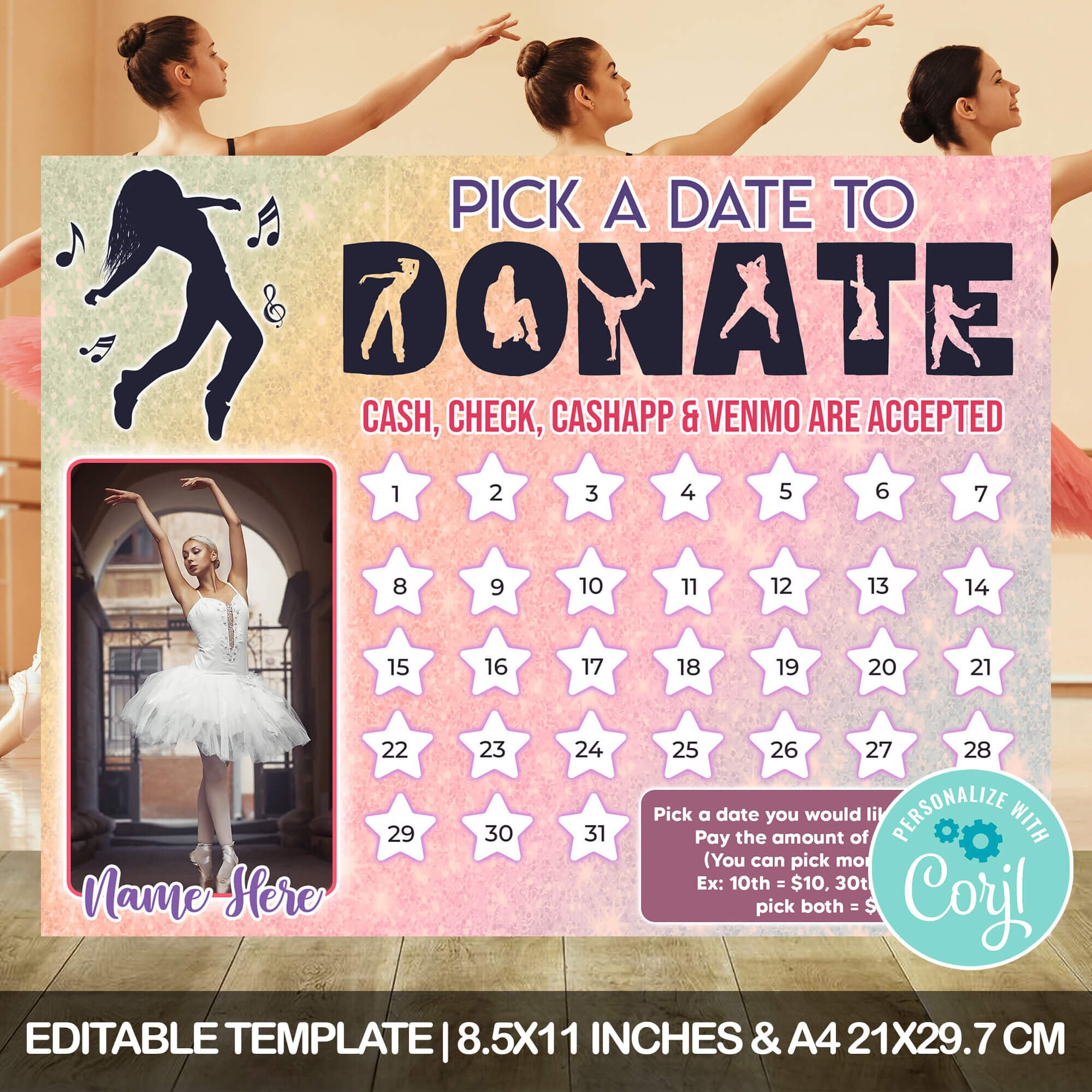 Editable Dance Pick a Date to Donate Calendar, Dance Themed Donation ...
