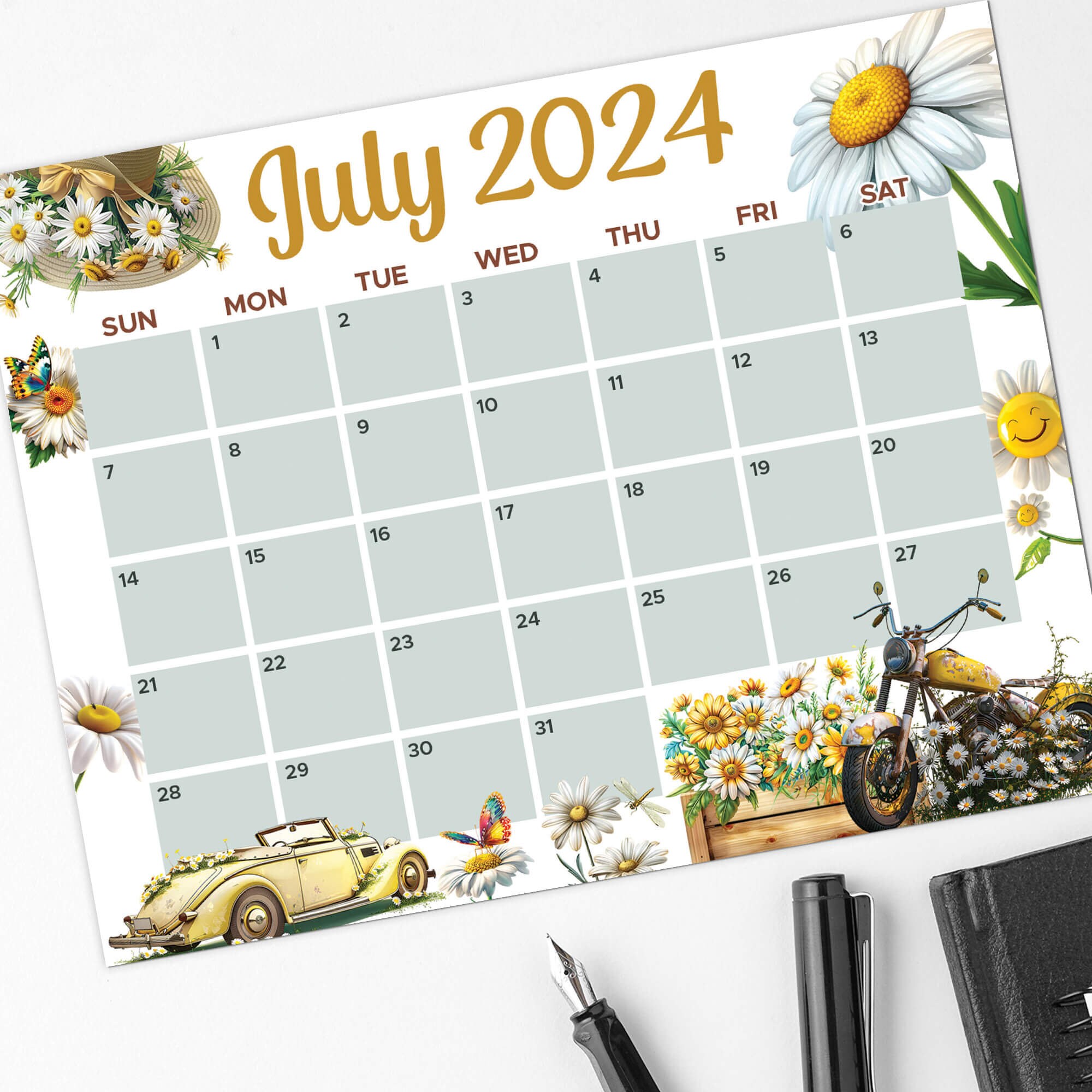 July 2024 Summertime Daisy Themed Calendar, Printable Floral Calendar ...