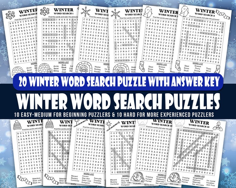20 Winter Word Search Puzzles for Kids, Printable Holiday Games (PDF ...