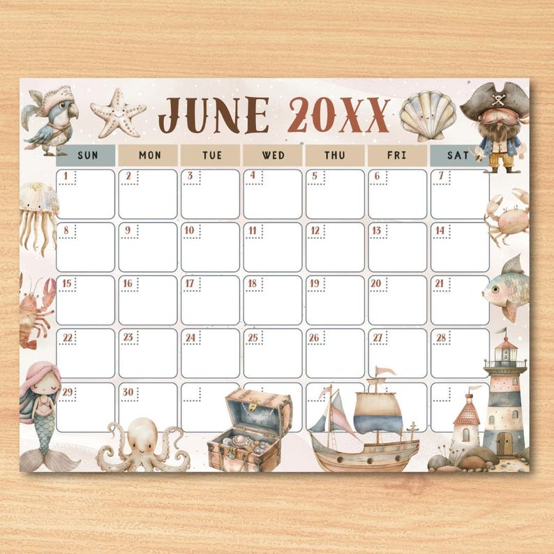 Editable June Calendar Template | Boho Pirate & Ocean Theme | Cute ...
