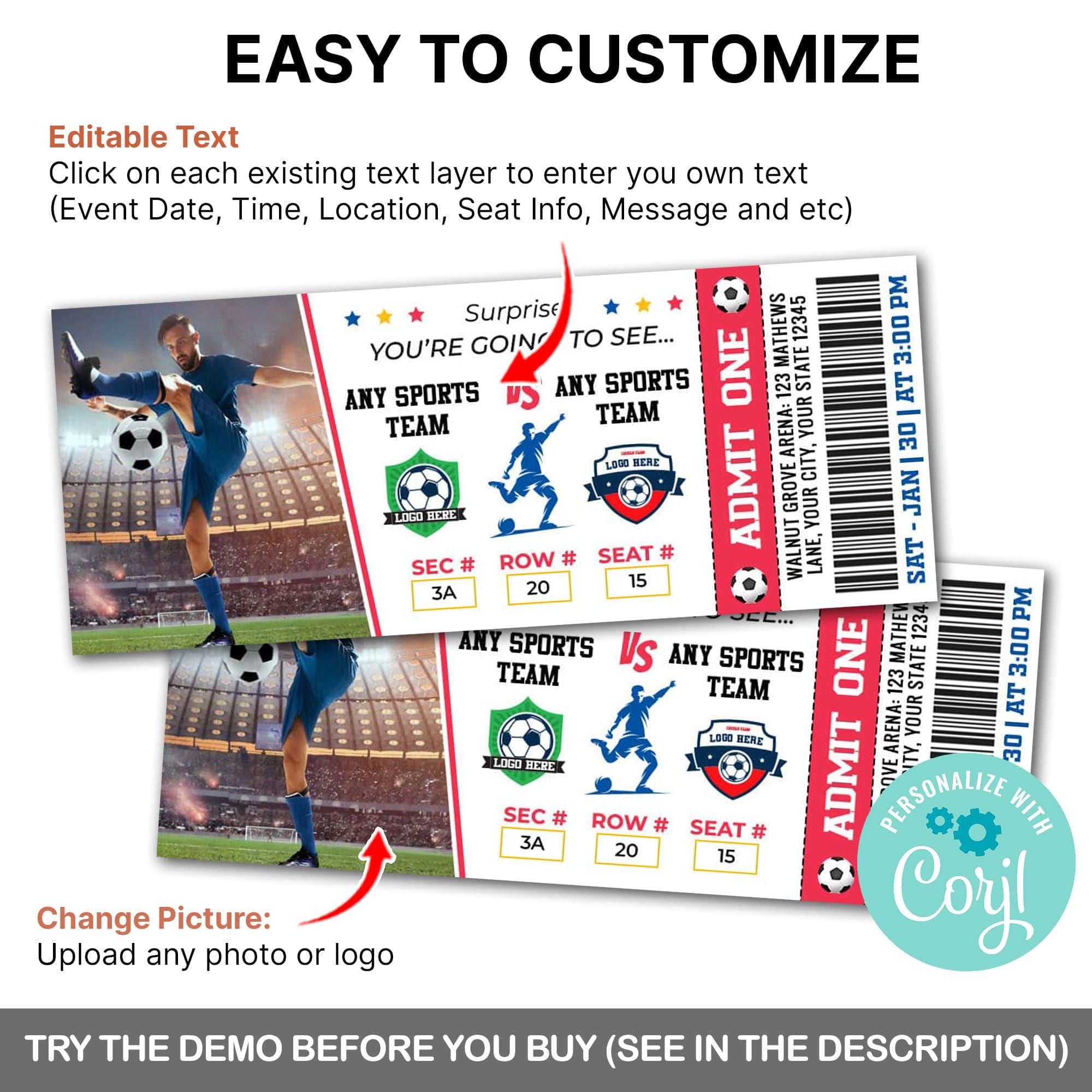 Editable Soccer Game Ticket Template | Printable Sports Game Ticket - Etsy