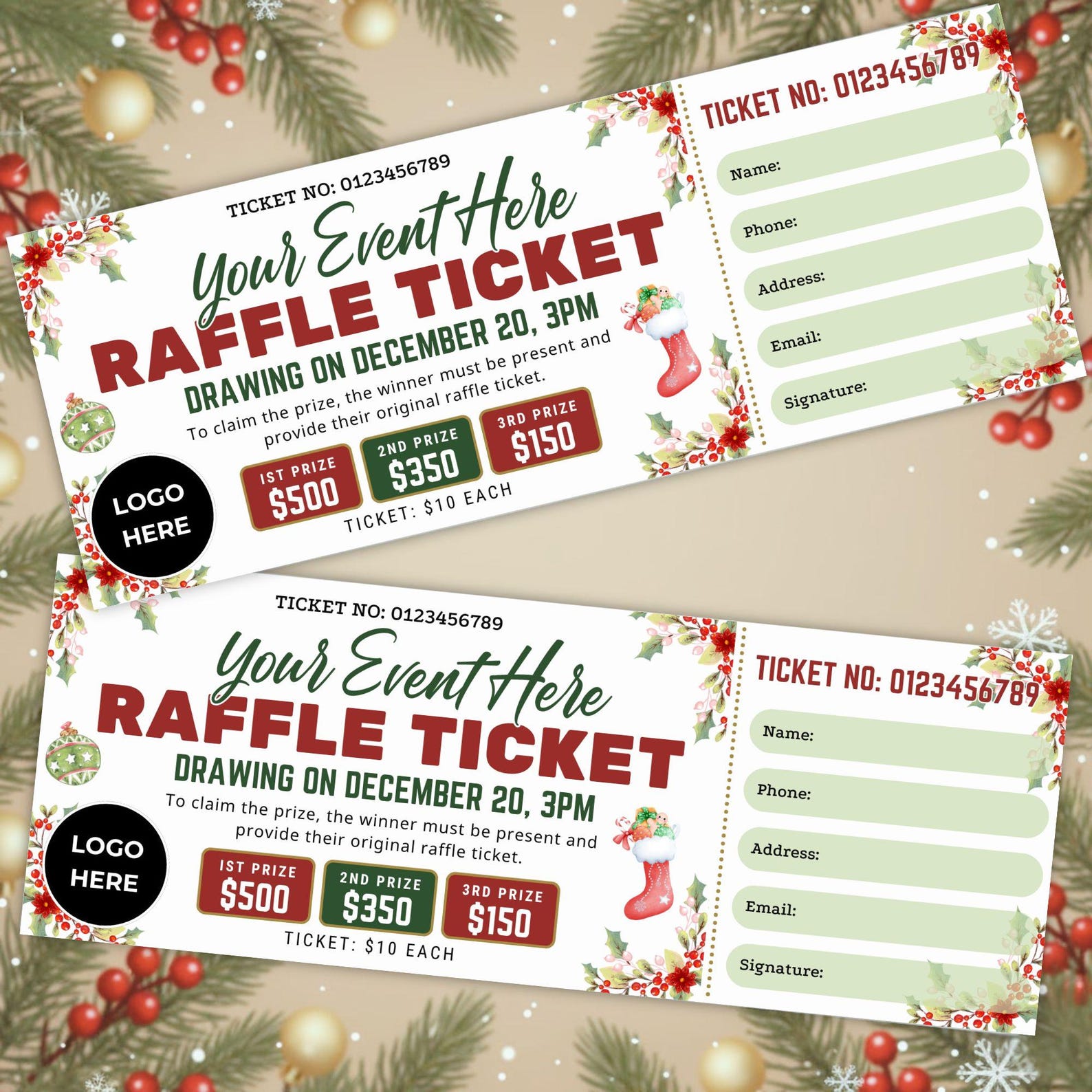Printable Christmas Raffle Ticket Template: Editable Holiday and Winter ...