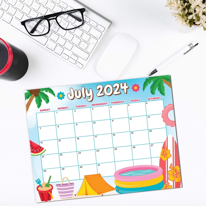 July 2024 Beautiful Summer Calendar, Printable Fillable Summer Calendar ...