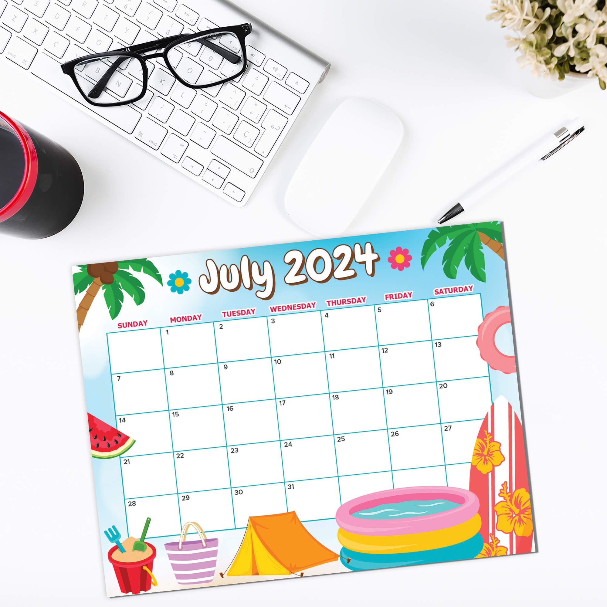 July 2024 Beautiful Summer Calendar, Printable Fillable Summer Calendar ...