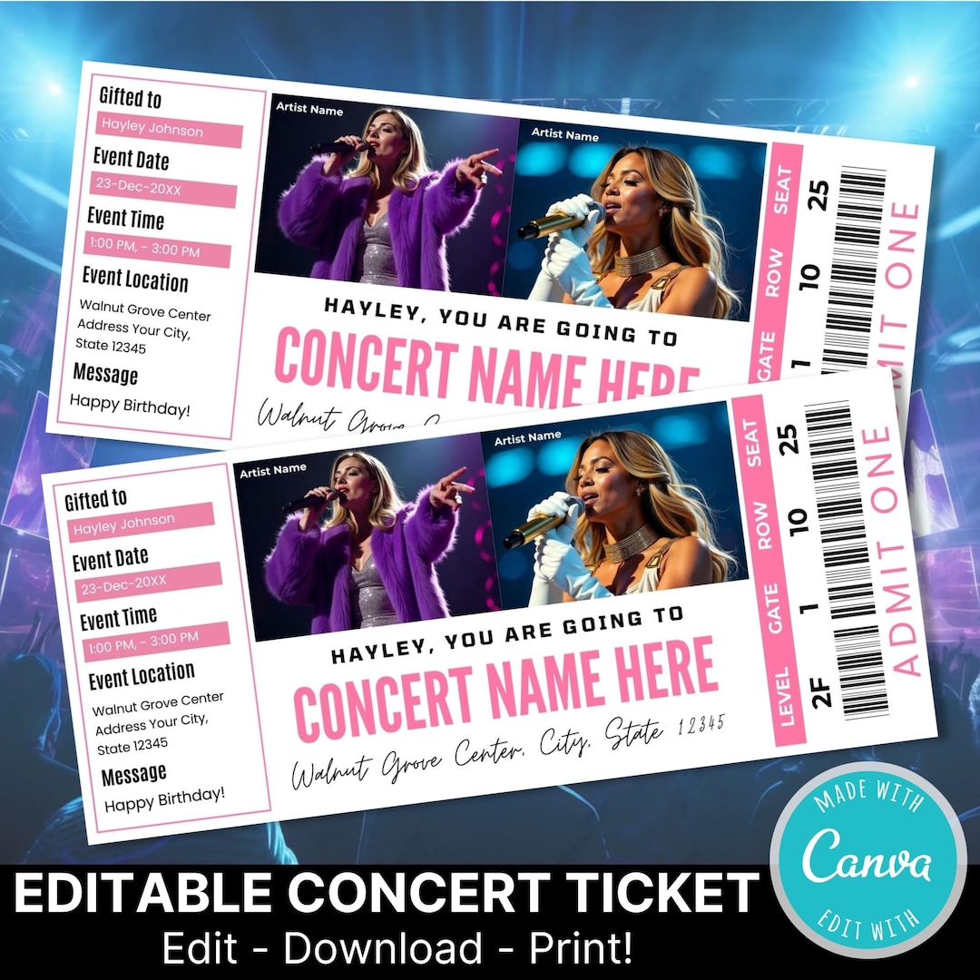 Editable Music Live Concert Ticket Template | Concert Ticket Gift ...