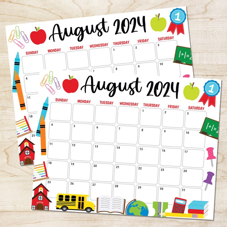 August 2024 Back to School Calendar, Printable Back to School Themed ...