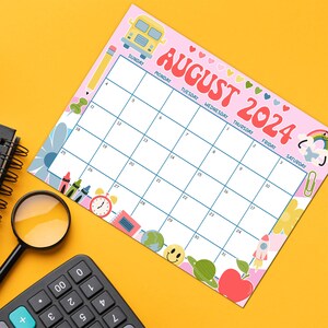 Back to School Themed August 2024 Calendar, Printable August School ...