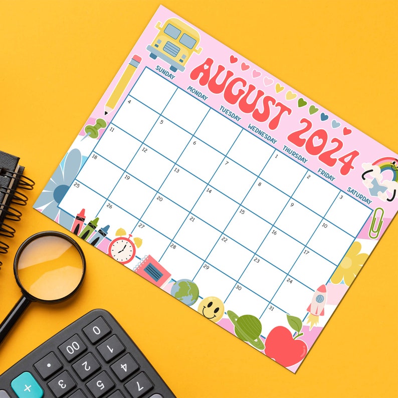 Back to School Themed August 2024 Calendar, Printable August School ...
