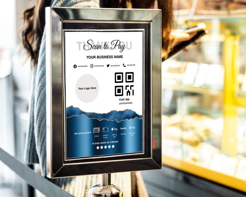 Scan to Pay Printable, Scan to Pay Sign Editable Template, Blue White ...