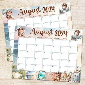 PDF Cute Travel Themed August 2024 Calendar, Printable Travel Bear ...