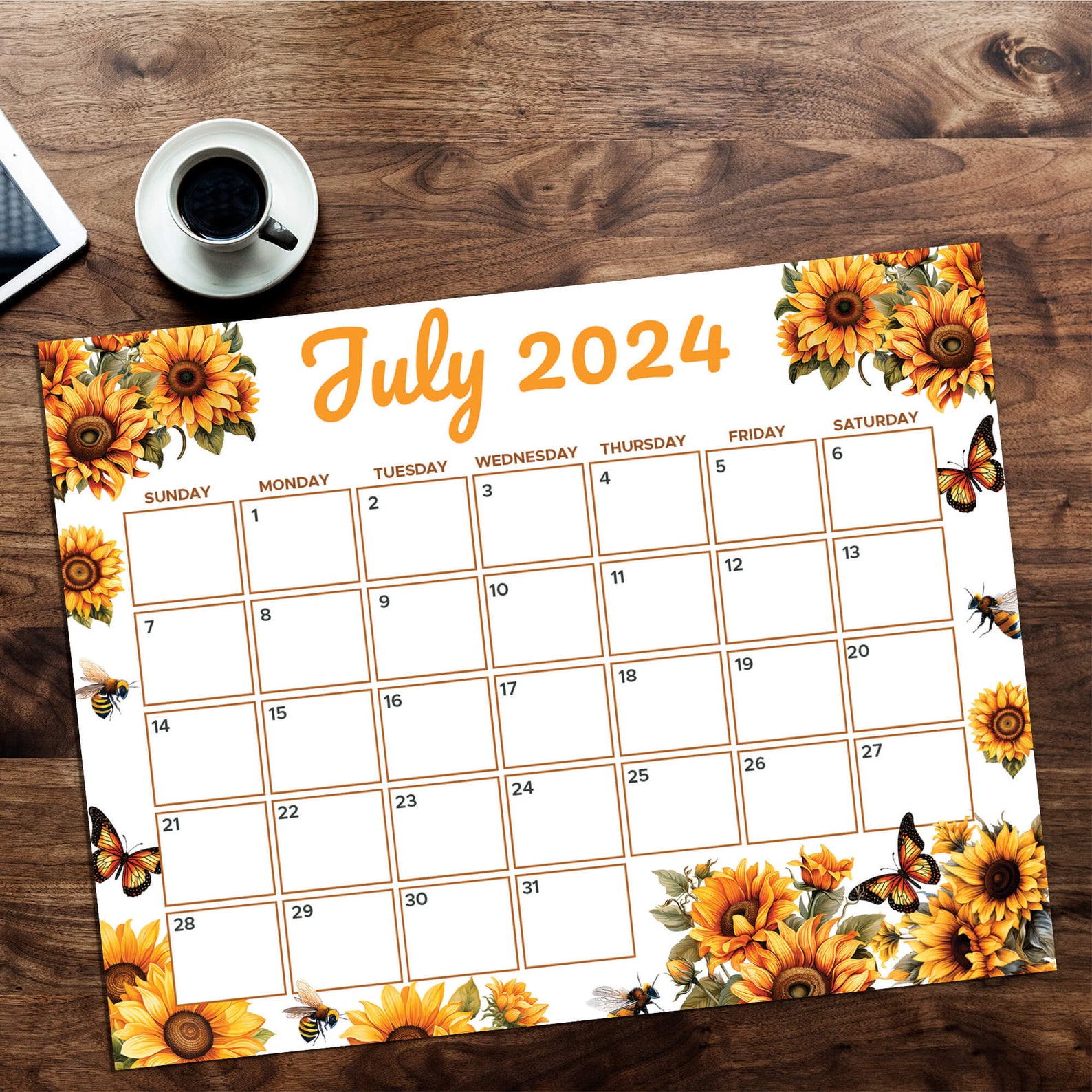 July 2024 Sunflower Calendar, Printable Cute Floral Sunflower Themed ...