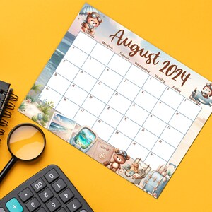 PDF Cute Travel Themed August 2024 Calendar, Printable Travel Bear ...