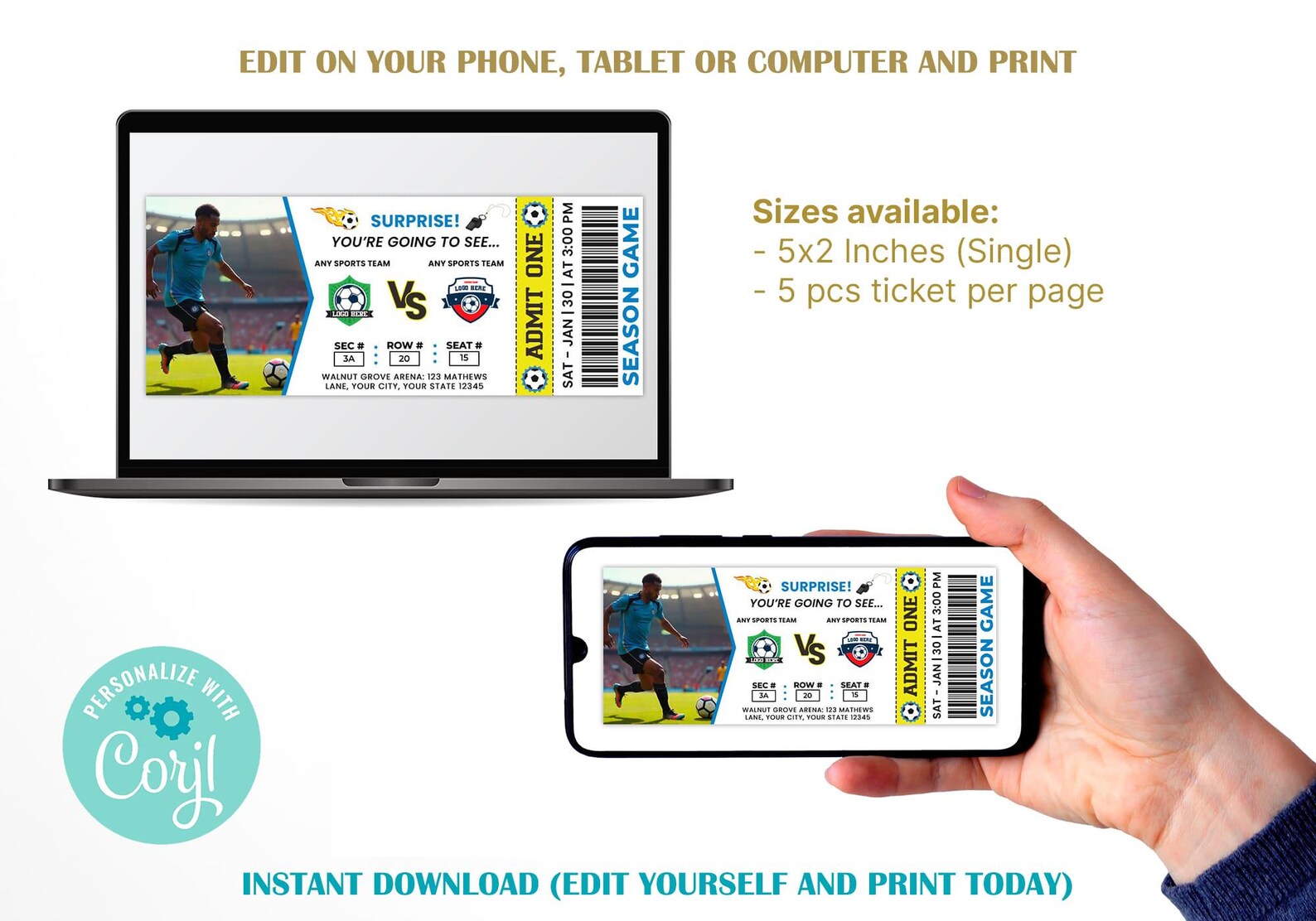 Customizable Soccer Ticket Template | DIY Sports Event Ticket ...