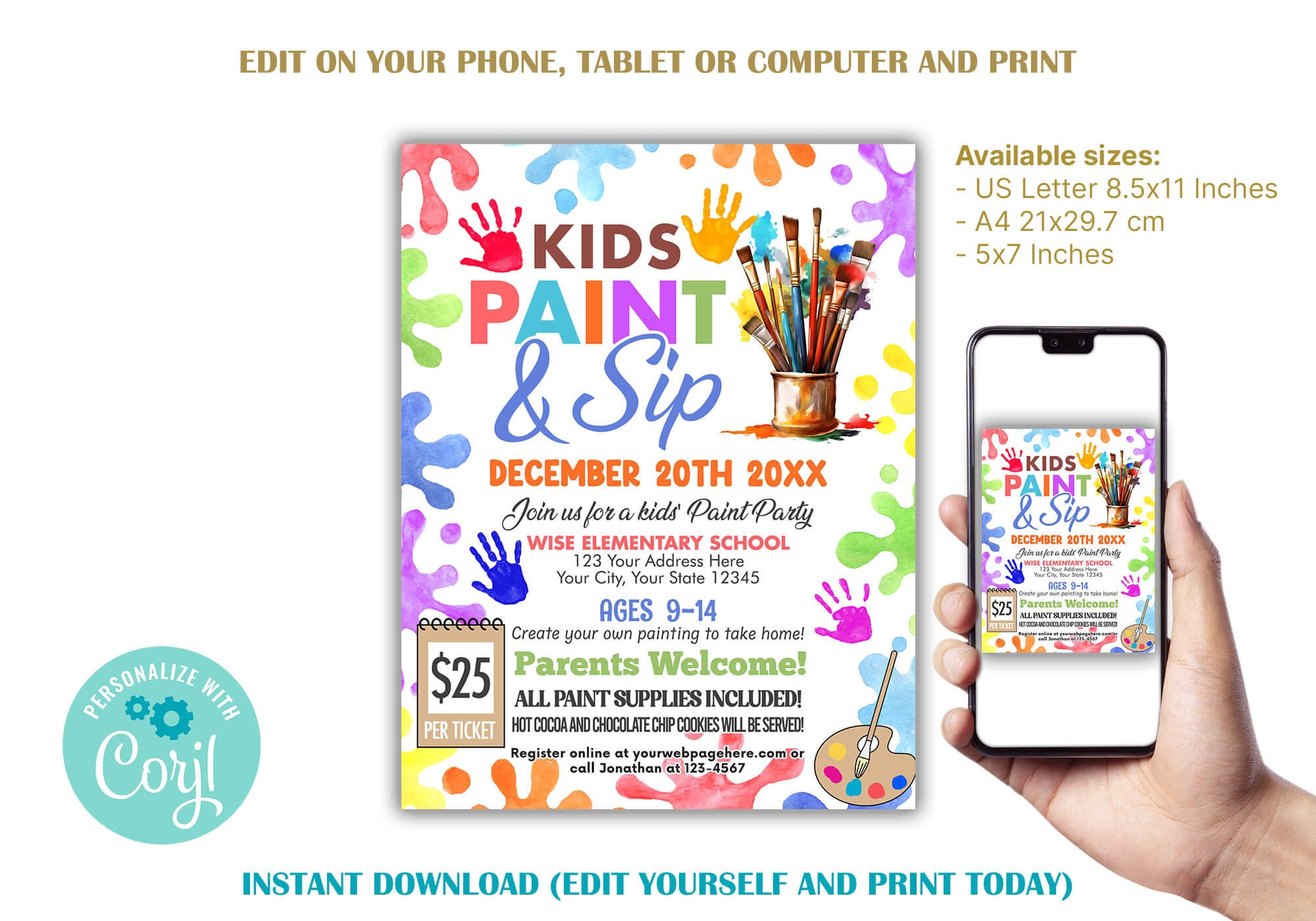 Editable Kids Paint and Sip Flyer, Kids Paint Party Event Flyer ...
