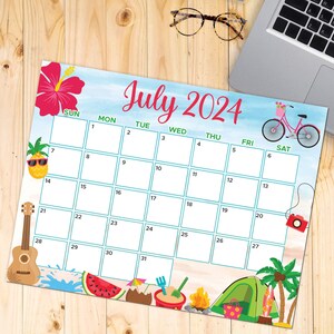 July 2024 Summer Calendar, Printable Cute Beach Summer Vibe Calendar ...