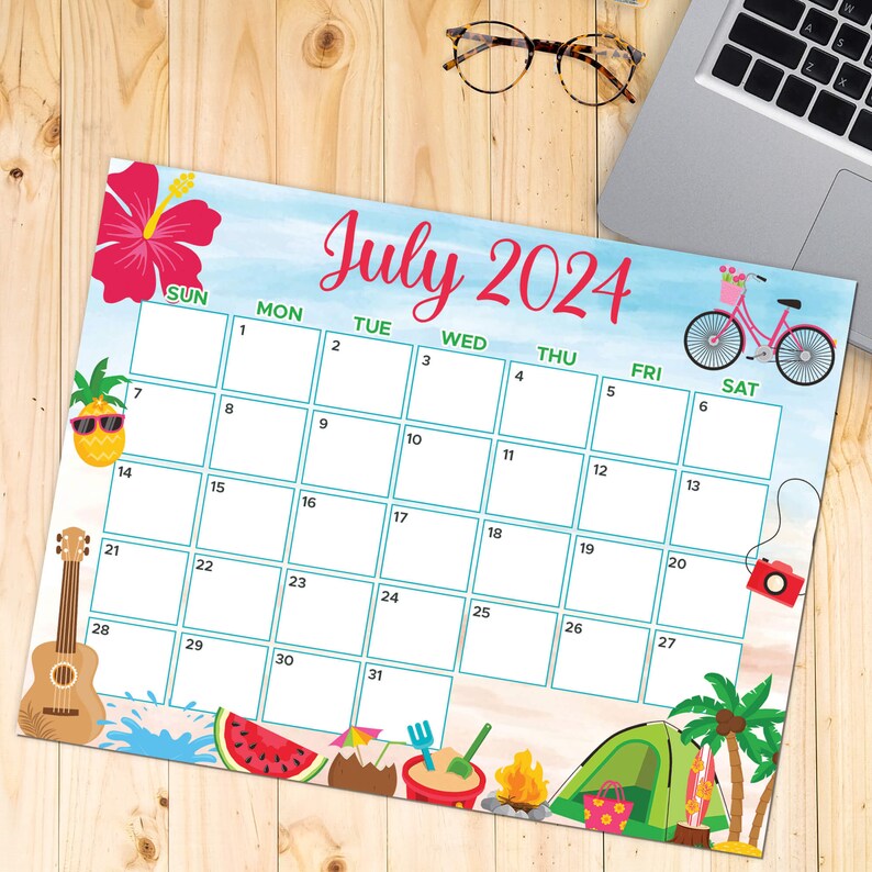 July 2024 Summer Calendar, Printable Cute Beach Summer Vibe Calendar ...
