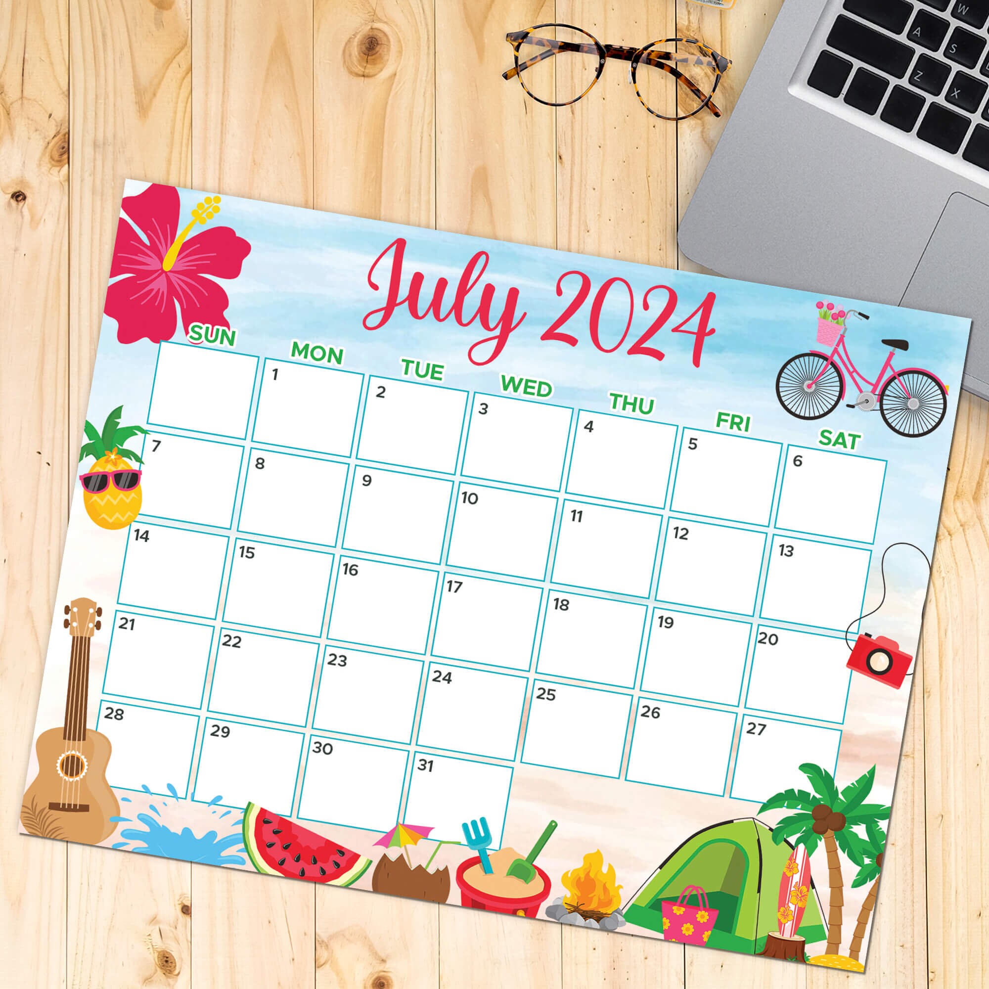 July 2024 Summer Calendar, Printable Cute Beach Summer Vibe Calendar ...