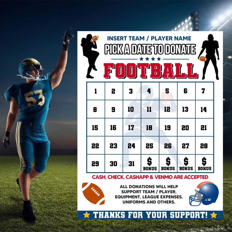 Editable Football Pick a Date to Donate Calendar Flyer, Pay the Date ...