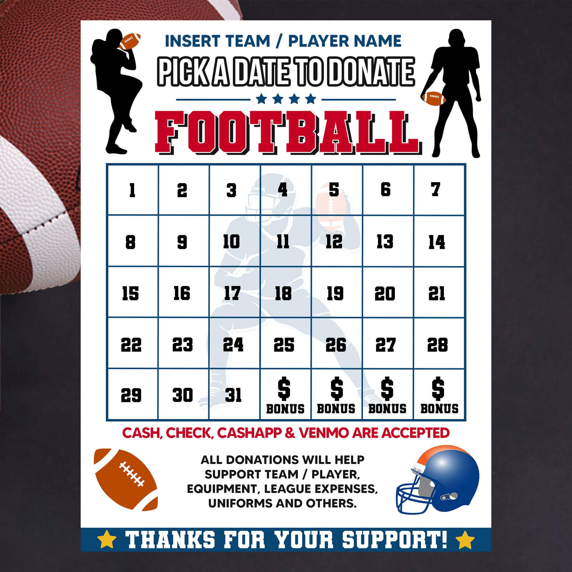 Editable Football Pick a Date to Donate Calendar Flyer, Pay the Date ...