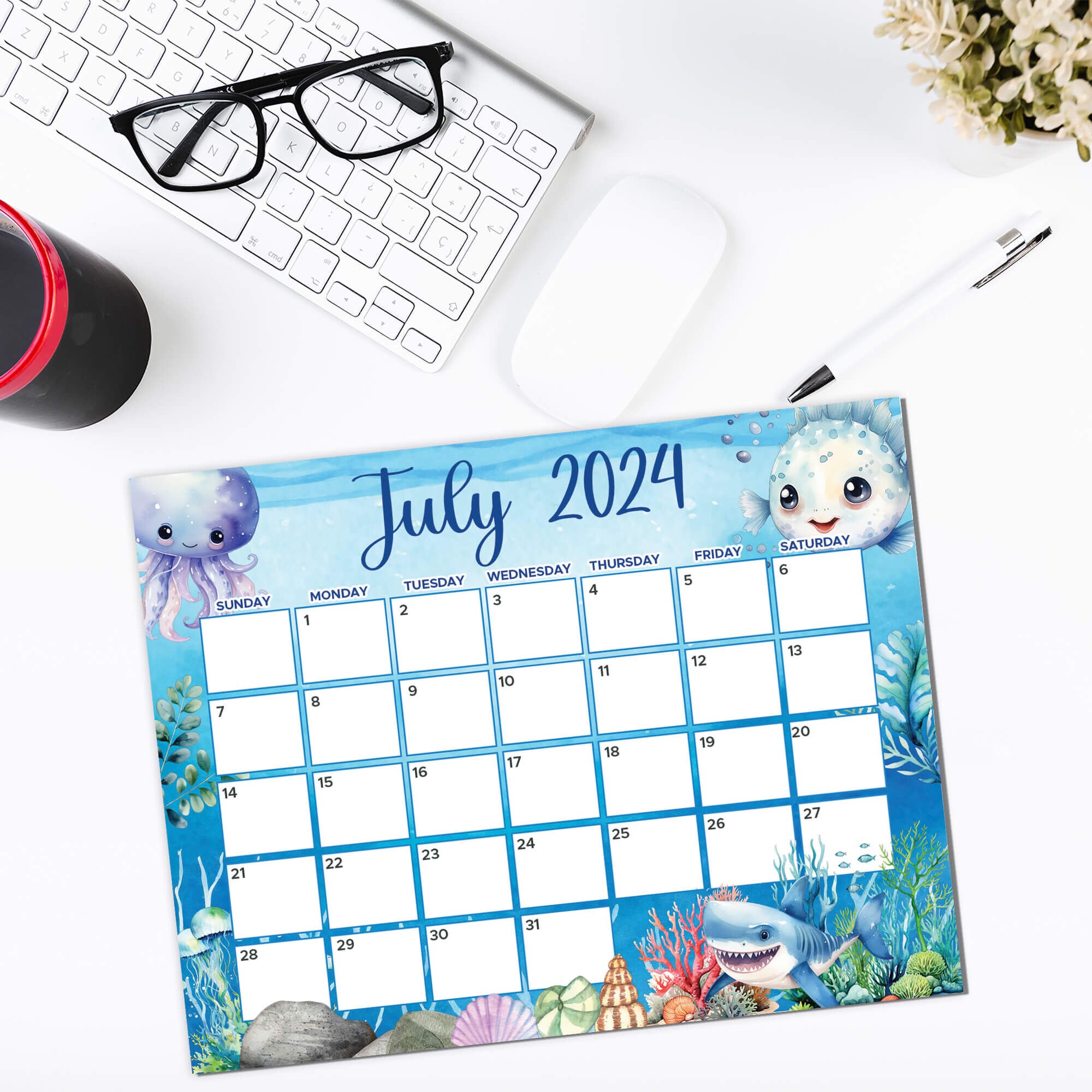 Printable Under the Sea Month of July Calendar, Summer Underwater ...