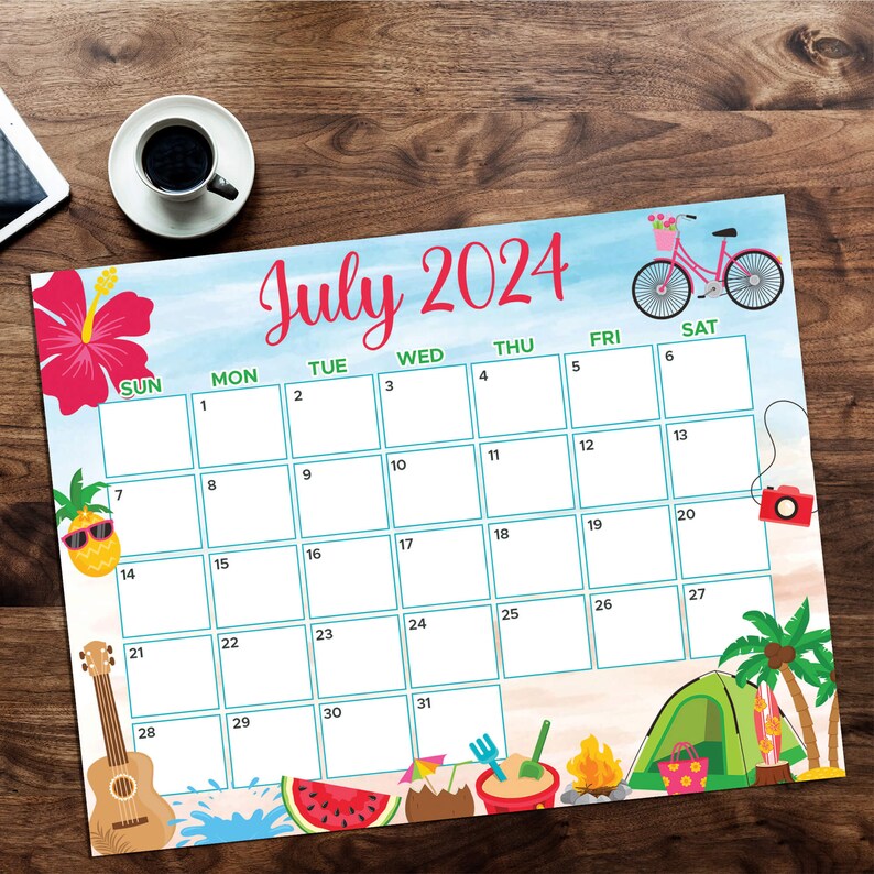 July 2024 Summer Calendar, Printable Cute Beach Summer Vibe Calendar ...