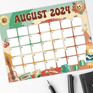 Printable Retro Nostalgic Summer Theme August 2024 Calendar, Printable ...