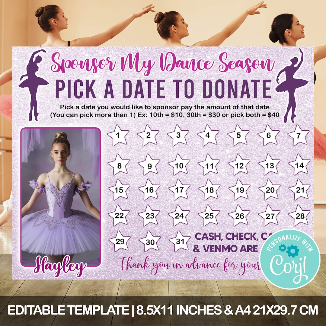 Editable Dance Themed Donation Calendar, Ballet Donation, School Ballet ...