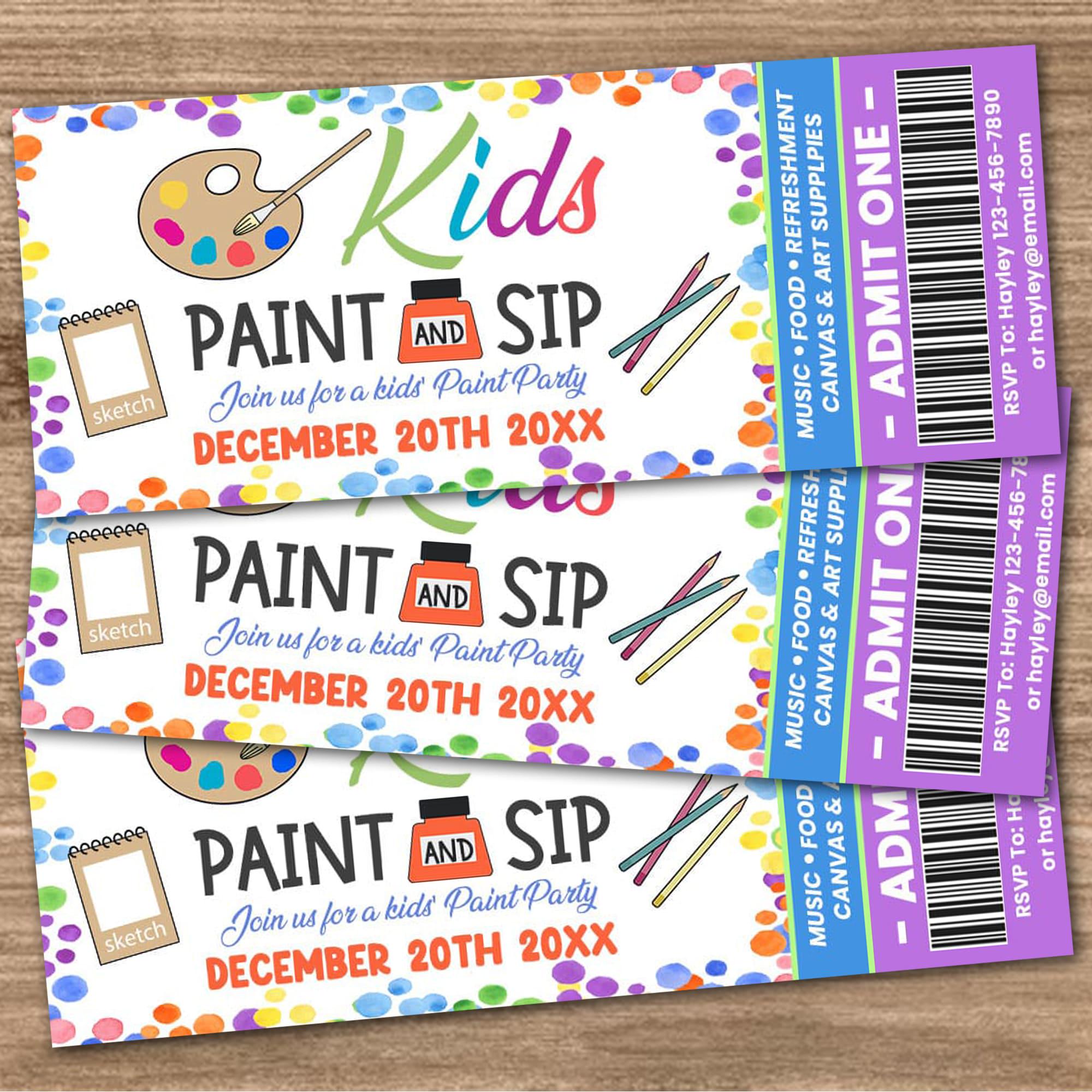 Kids Sip and Paint Ticket Template | Event Ticket | Paint and Sip ...