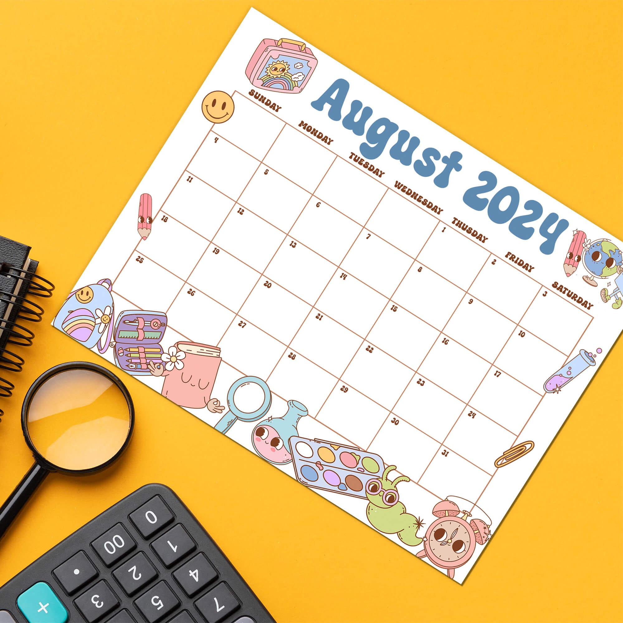 PDF Back to School Retro Vibe August 2024 Calendar, Printable Classic ...