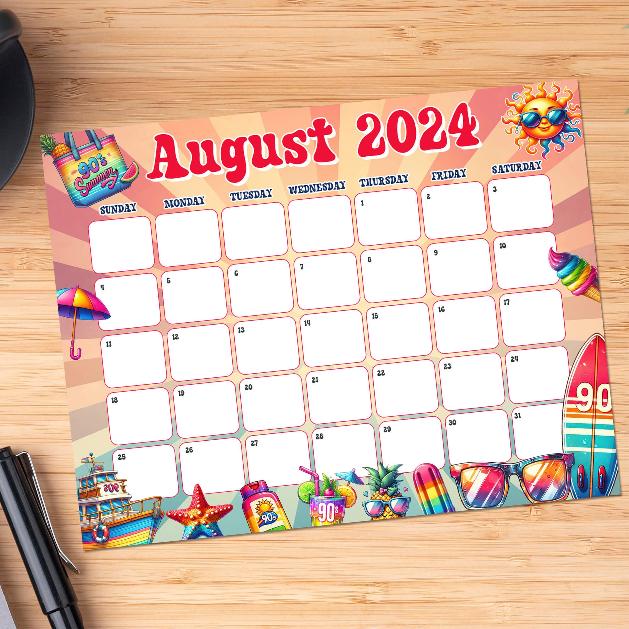 Printable 90's Retro Summer Theme August 2024 Calendar, Vintage Groovy ...
