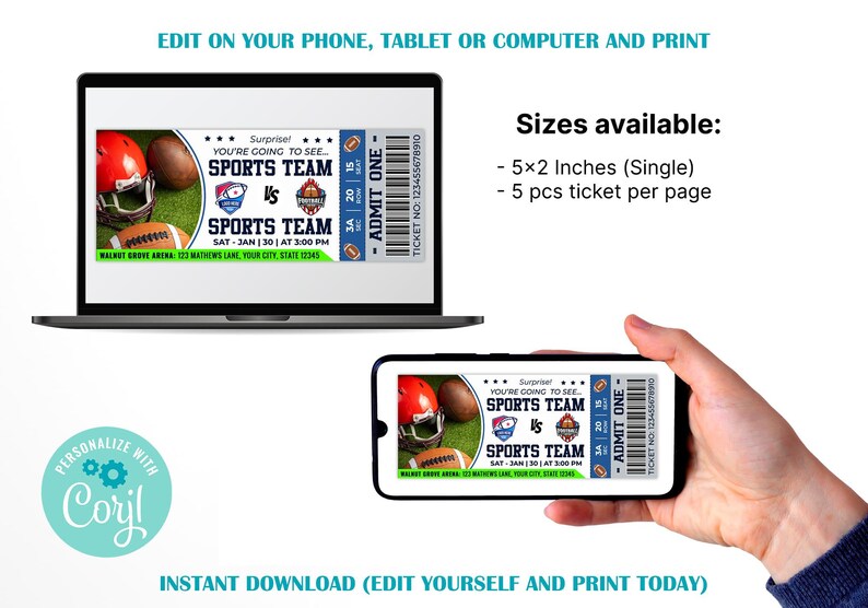 DIY Football Game Ticket Template | Editable Rugby Football Sports Game ...