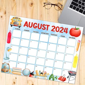 Printable August 2024 Back to School Themed Calendar, School Days Month ...