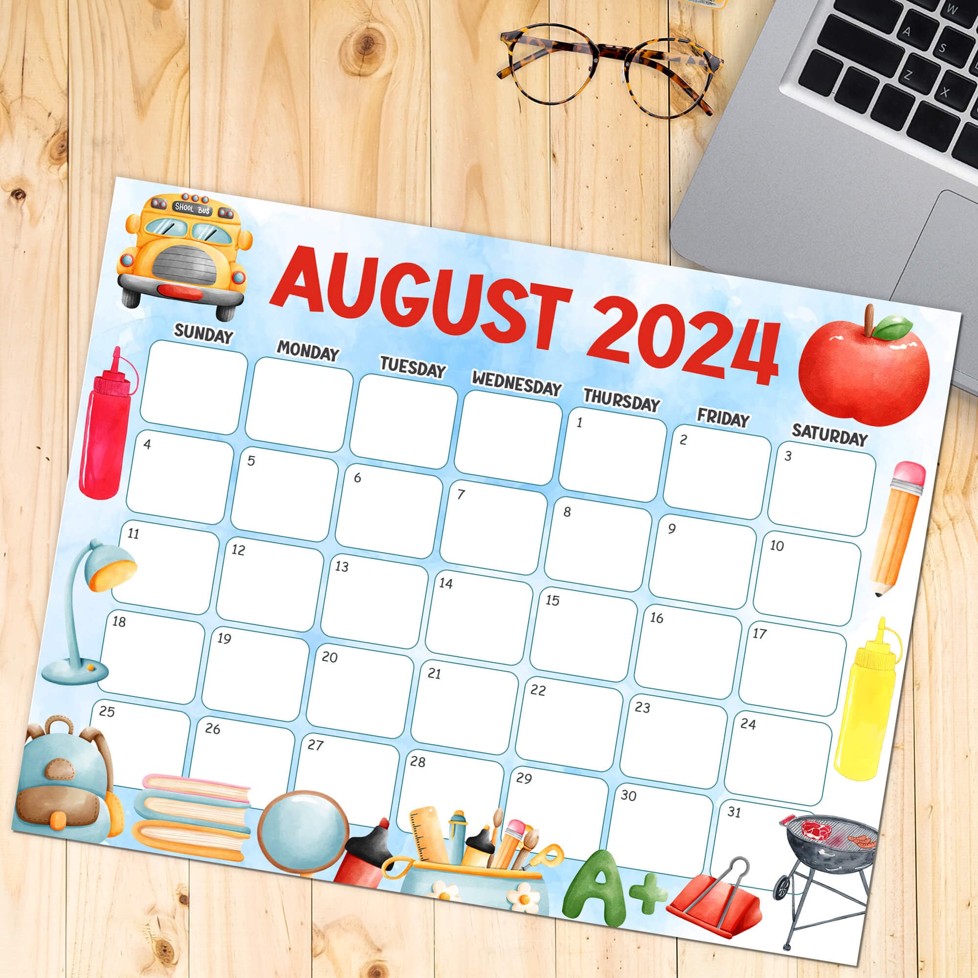 Printable August 2024 Back to School Themed Calendar, School Days Month ...