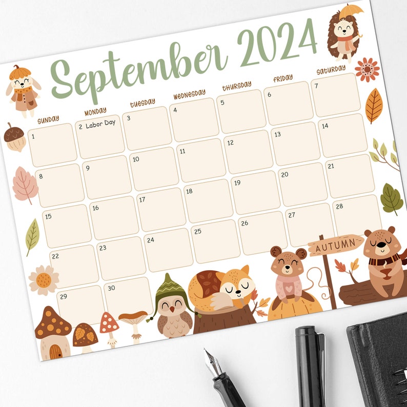 Autumn Themed September 2024 Printable Calendar With Animals - Etsy UK