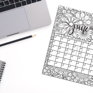 12 Month Coloring Calendar Floral Pattern Black Lettering, Printable ...