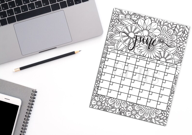 12 Month Coloring Calendar Floral Pattern Black Lettering, Printable ...