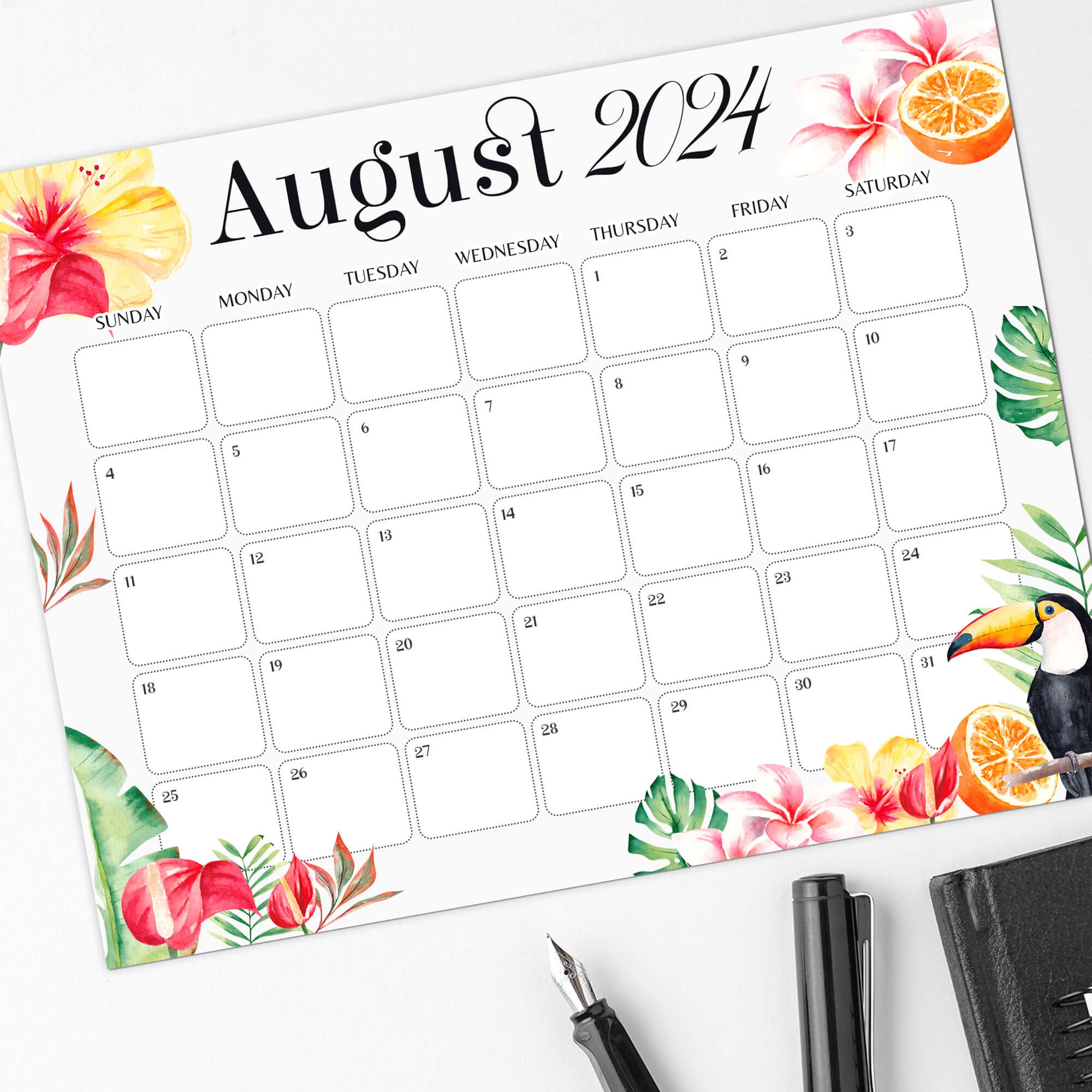 PDF Tropical Vibes Themed August 2024 Calendar, Printable Tropical ...