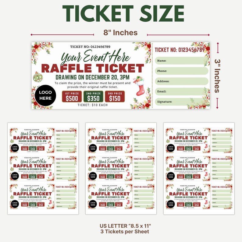 Printable Christmas Raffle Ticket Template: Editable Holiday and Winter ...
