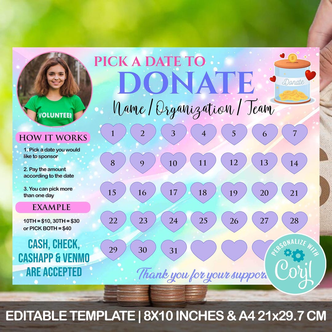 Editable Pick a Date to Donate Fundraising Calendar - Etsy