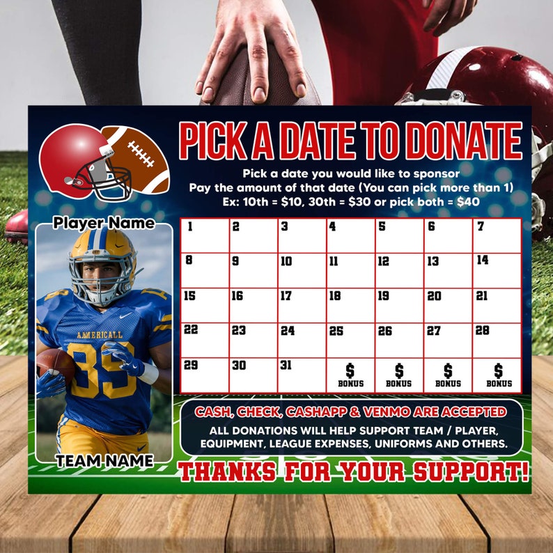 Editable Football Pick a Date to Donate, Fundraising Calendar, Pay the ...