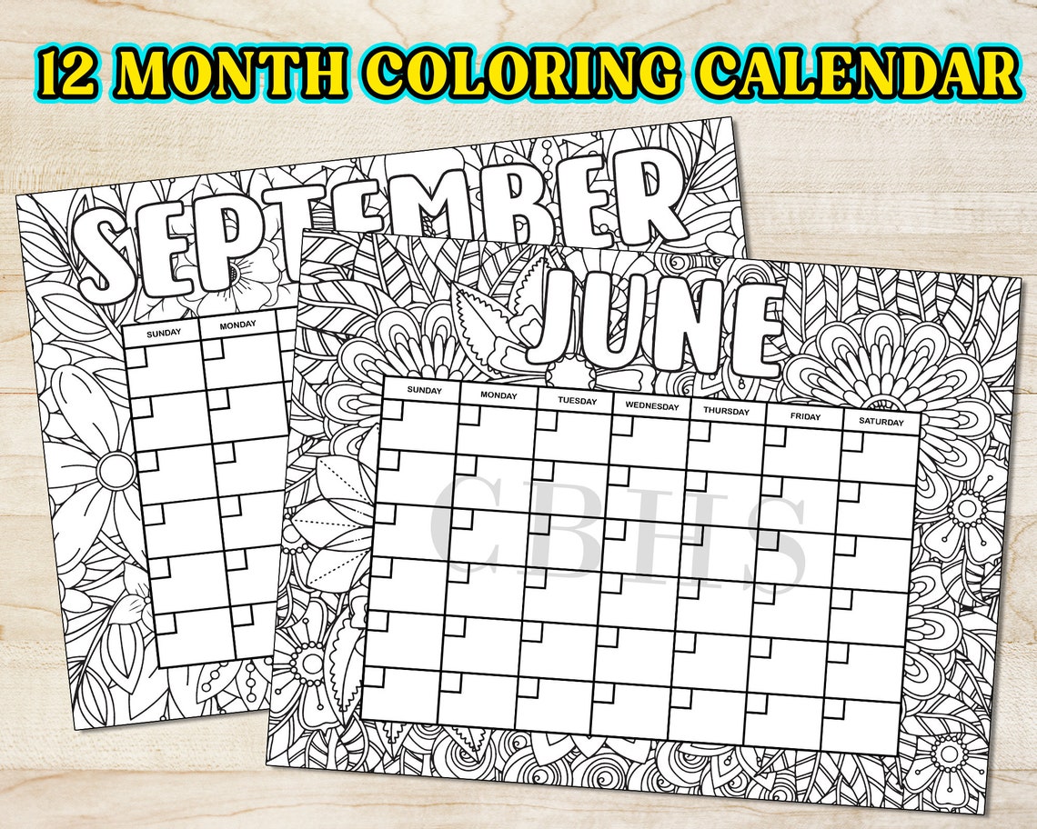 12 Month Adult Coloring Calendar Floral Pattern, Printable Adult ...