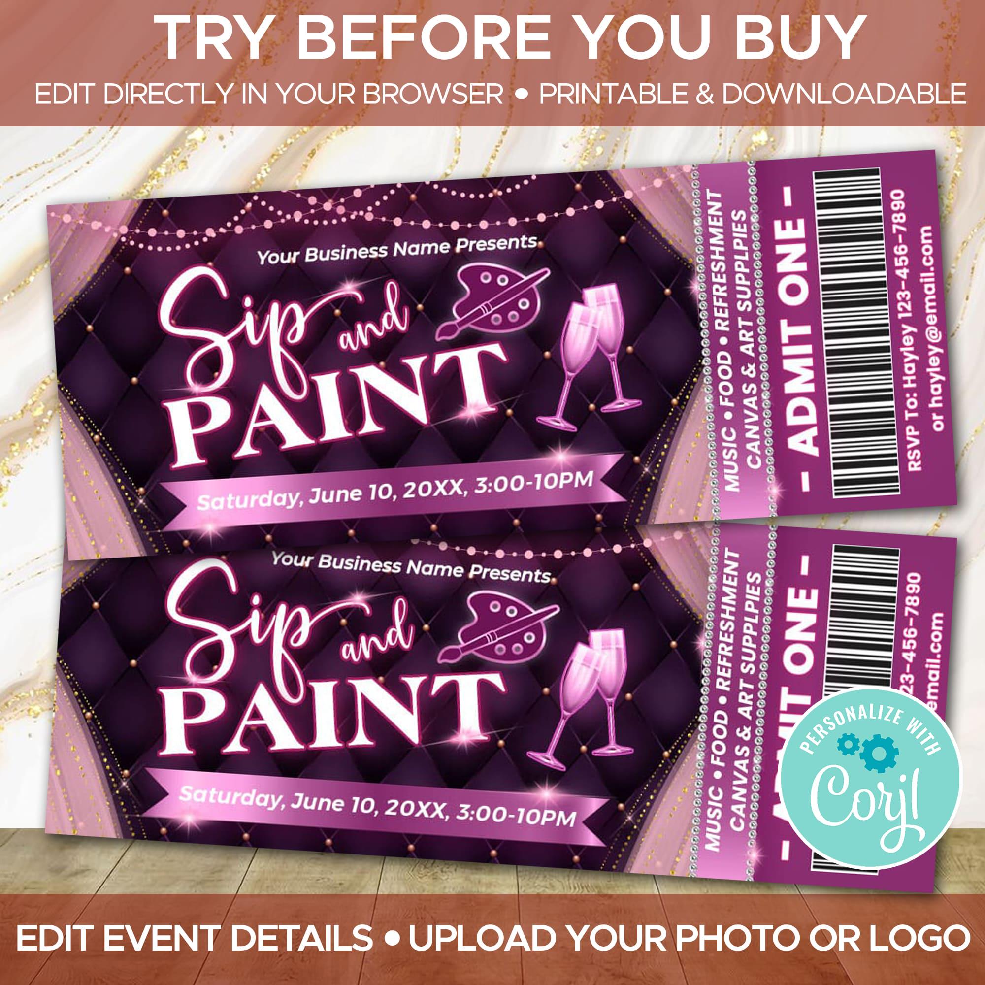 Editable Sip and Paint Ticket Stub Template | Paint and Sip Ticket ...
